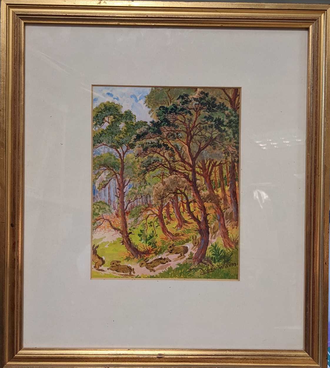 Louis Wain | Rabbits running along a woodland track | MutualArt