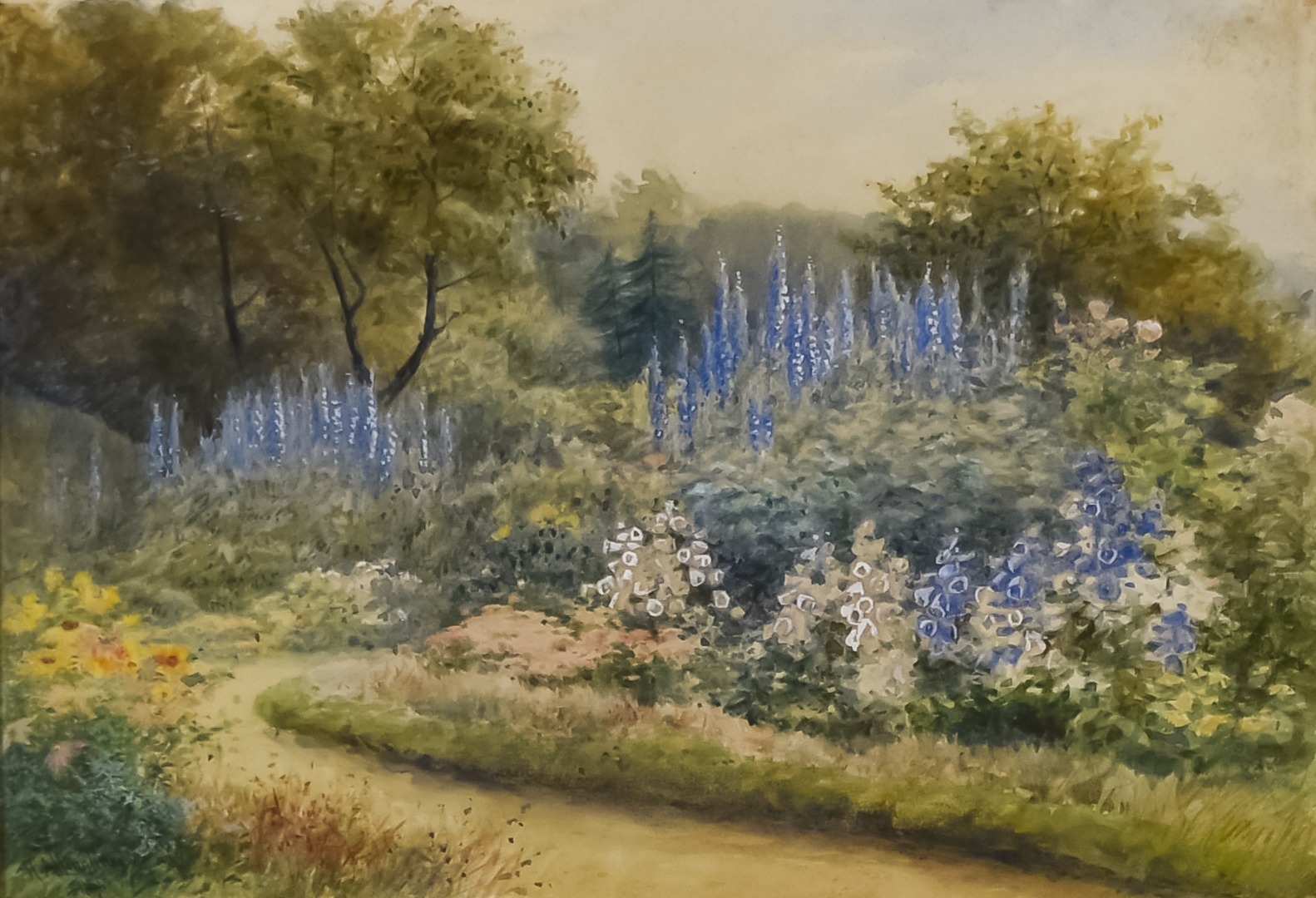 Helen Allingham | Country garden scene with blue flowers (1896) | MutualArt