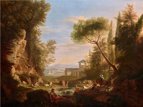 Raffaele Carelli | LANDSCAPE WITH BODY OF WATER AND FIGURE STAFFAGE ...