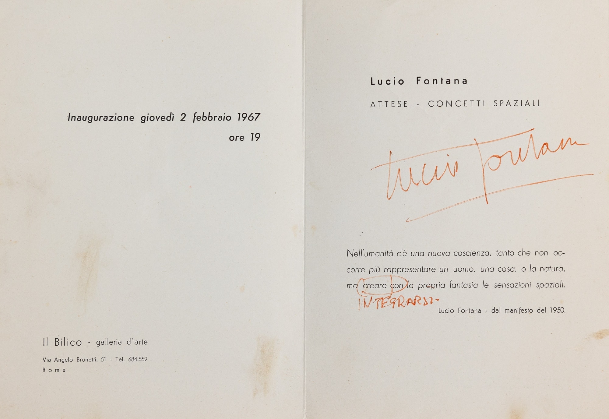 Lucio Fontana | Pieghevole invito mostra (1967) | MutualArt