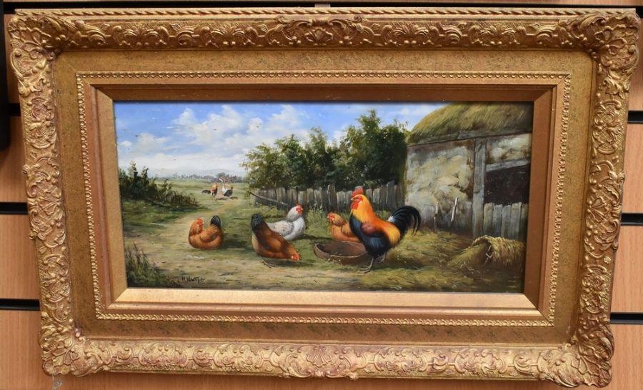 H. Hooper | oil on board of a farmyard scene of cockerels and chickens ...