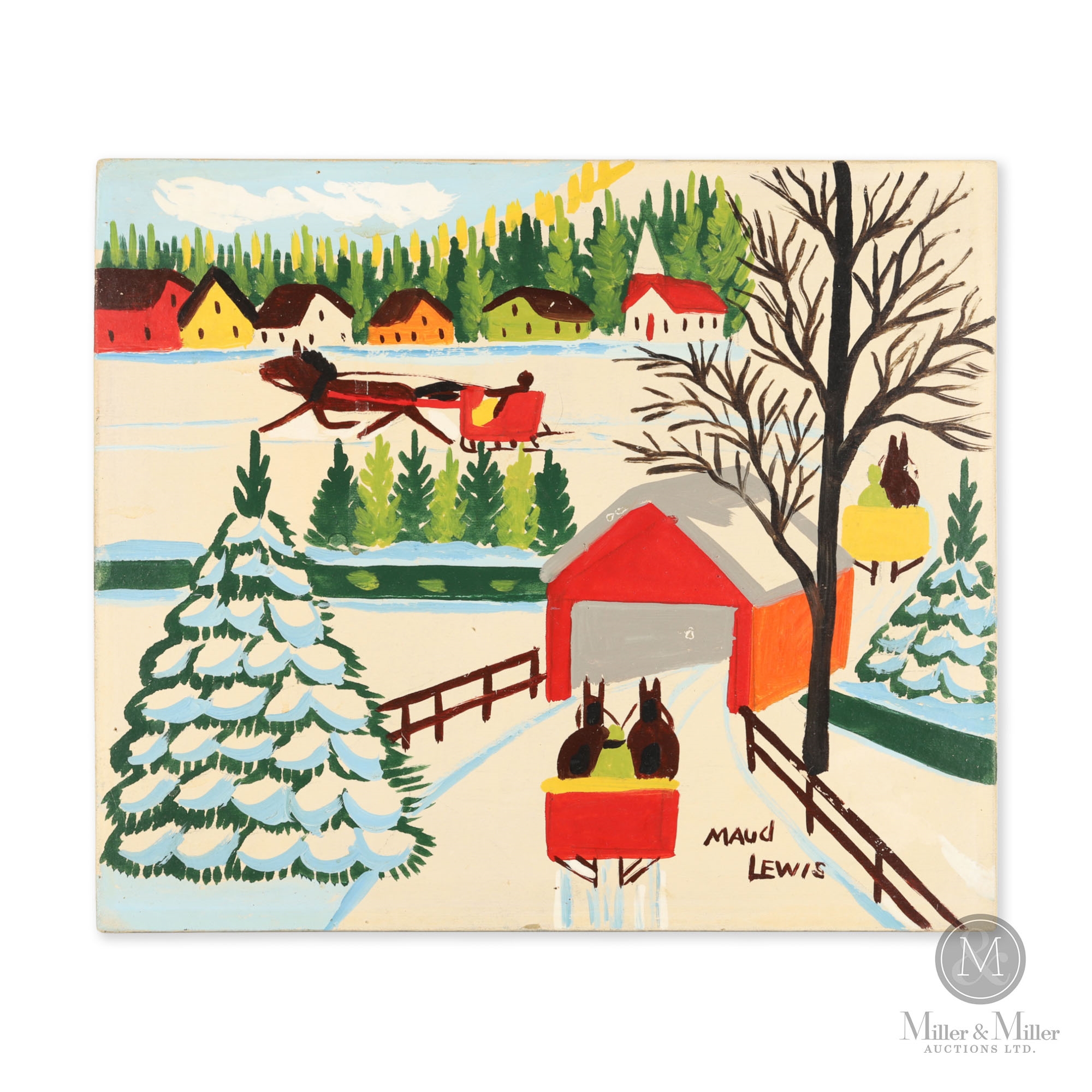 Maud Lewis | Winter Sledding Near Covered Bridge (1966) | MutualArt