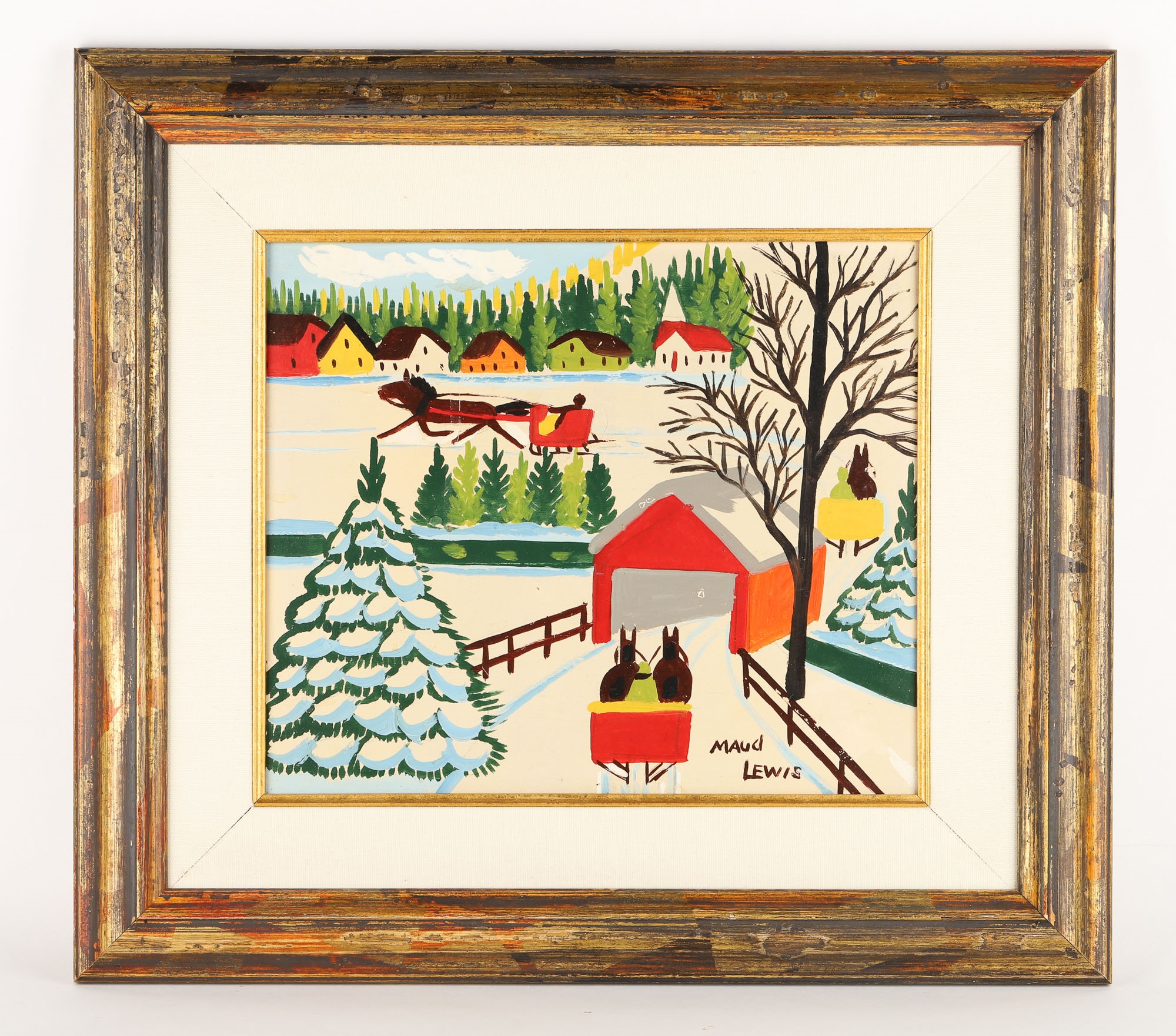 Maud Lewis | Winter Sledding Near Covered Bridge (1966) | MutualArt