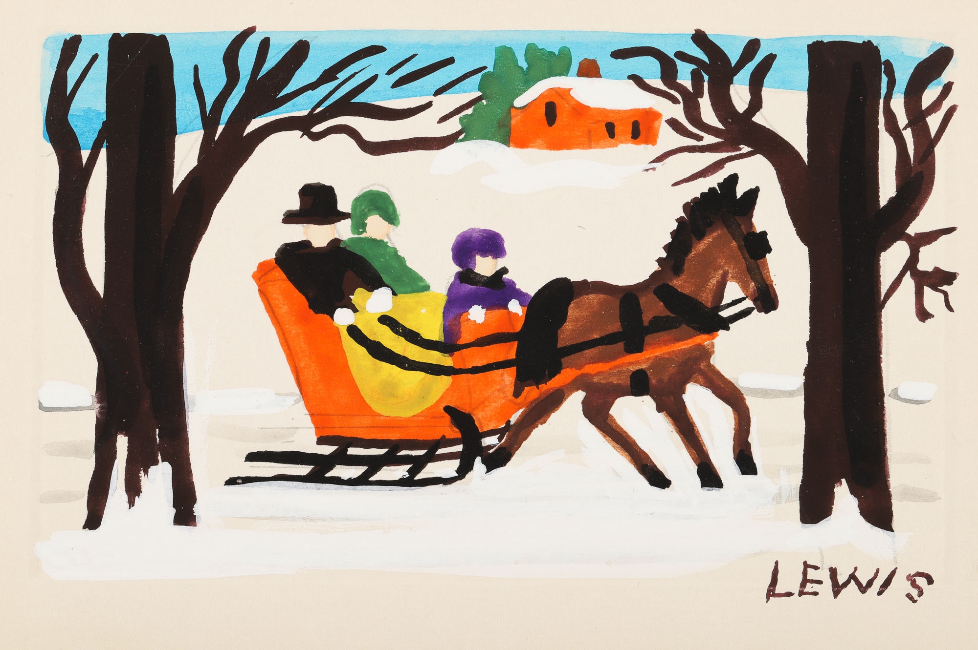 Maud Lewis | Winter Sleigh Ride Between Trees (1960) | MutualArt