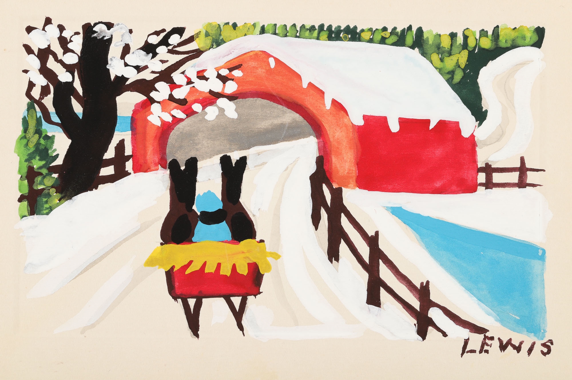 Maud Lewis | Winter Sleigh Ride with Covered Bridge (1960) | MutualArt