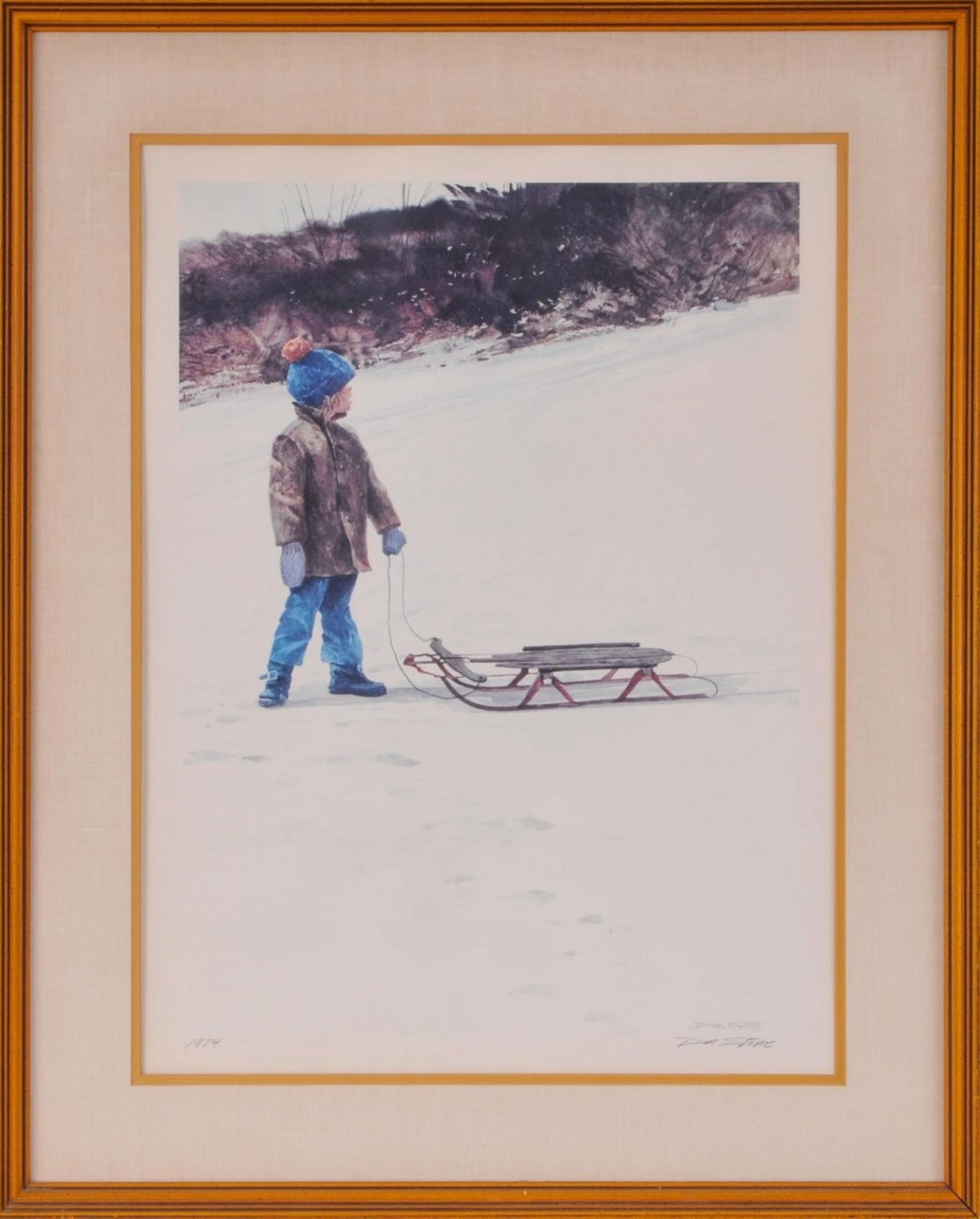 Donald Stone | Boy with Sled in the Snow | MutualArt