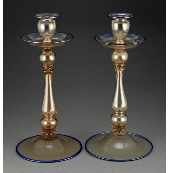 Steuben Glass | Pair of Large Stueben Topaz and Blue Glass Candlesticks ...