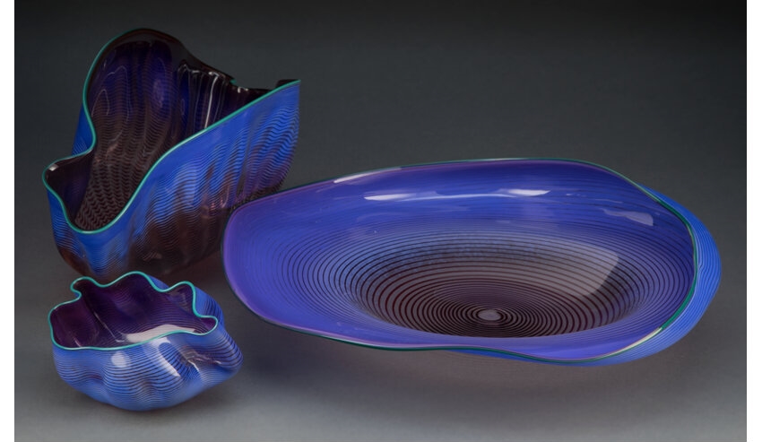 Dale Chihuly | Three-Piece Lapis Blue Seaform (1991) | MutualArt