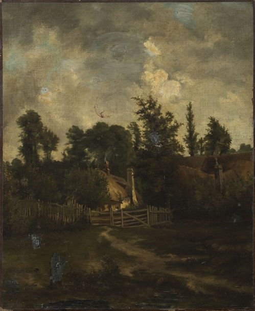 John Constable | Thatched cottages in the countryside under a heavy sky ...