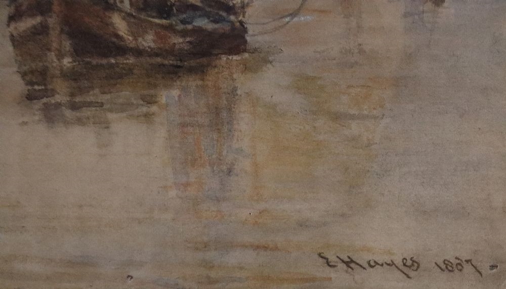 Edwin Hayes | DUTCH SAILING BARGE ON A CALM WATERWAY (1887) | MutualArt