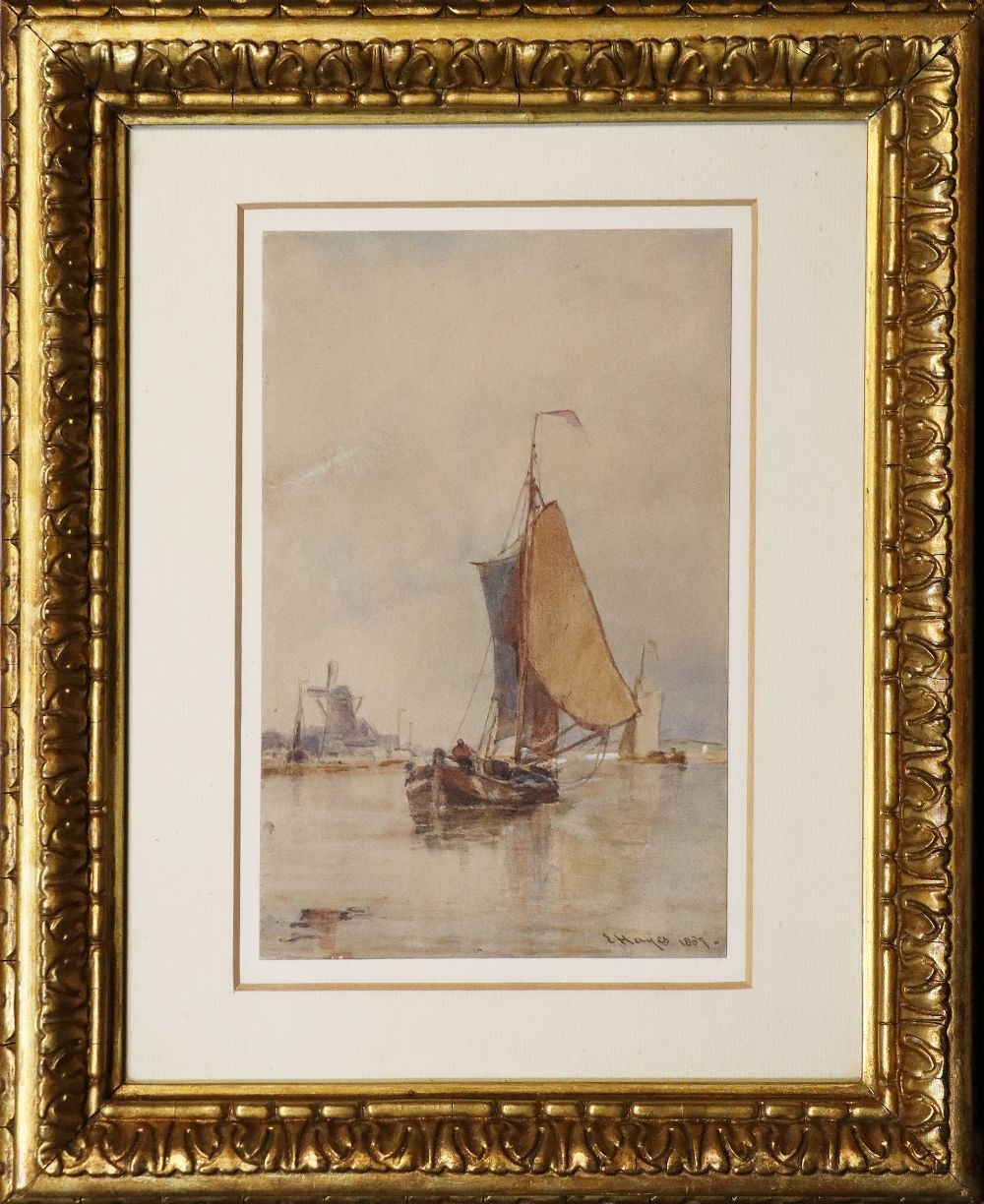 Edwin Hayes | DUTCH SAILING BARGE ON A CALM WATERWAY (1887) | MutualArt