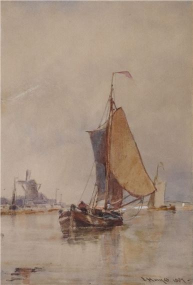 Edwin Hayes | DUTCH SAILING BARGE ON A CALM WATERWAY (1887) | MutualArt