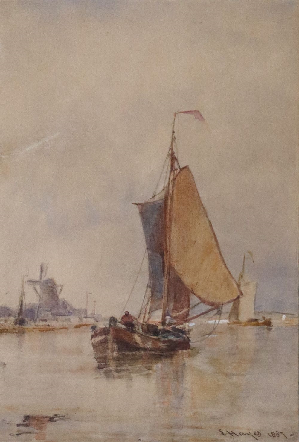 Edwin Hayes | DUTCH SAILING BARGE ON A CALM WATERWAY (1887) | MutualArt