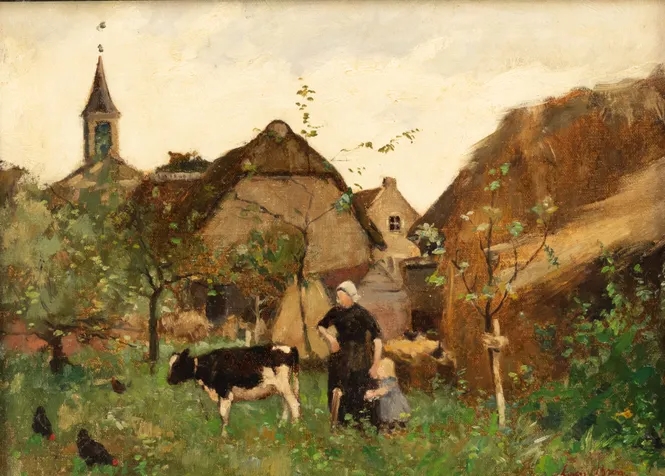 Louis Bron | Moeder met kind en kalfje in boomgaard | MutualArt