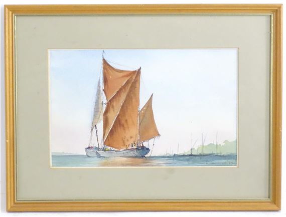 John Farquharson | A boat at sea with an industrial port beyond | MutualArt