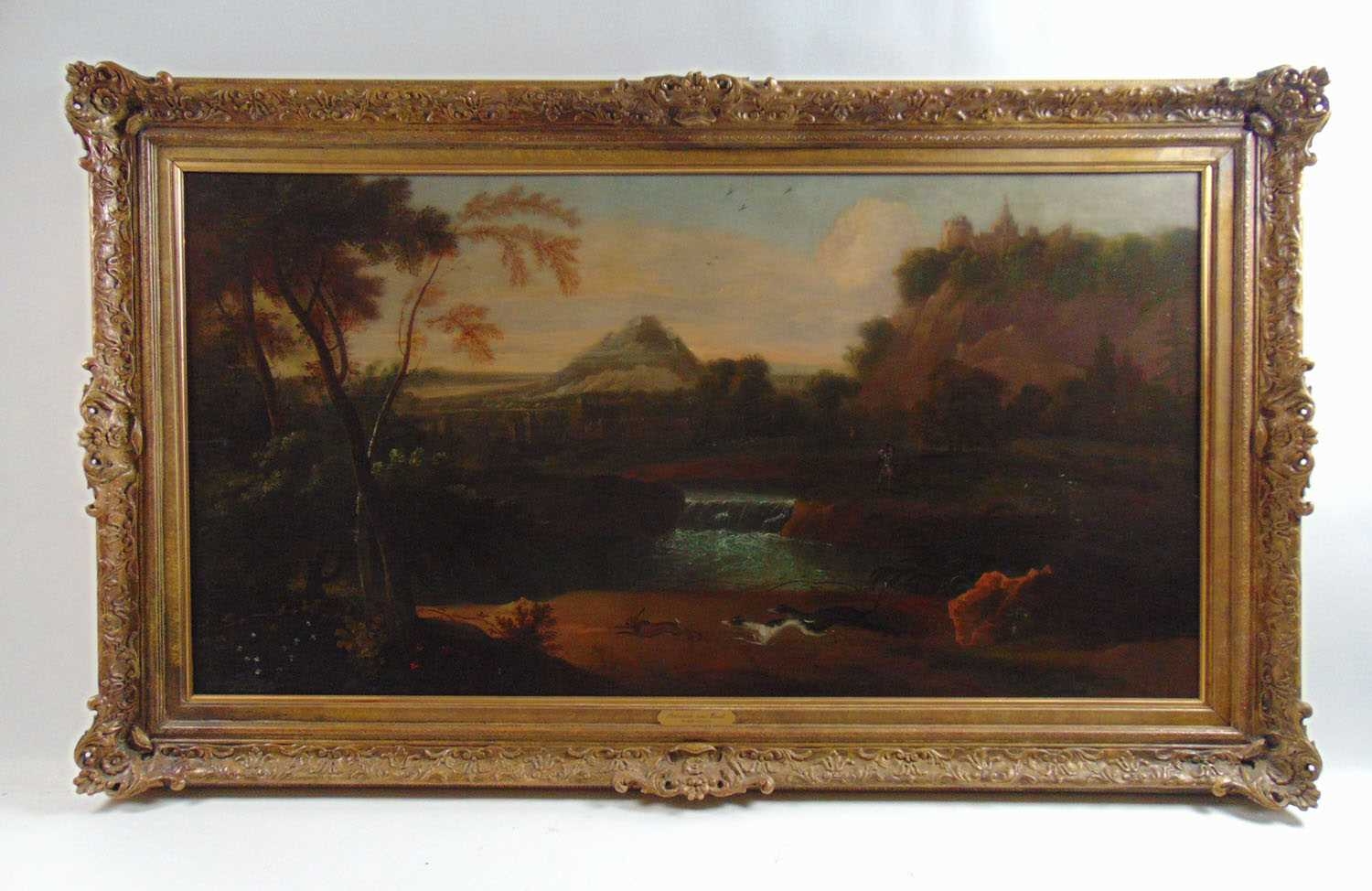 Adriaen Van Diest | Hunting dogs chasing a rabbit with castle in ...