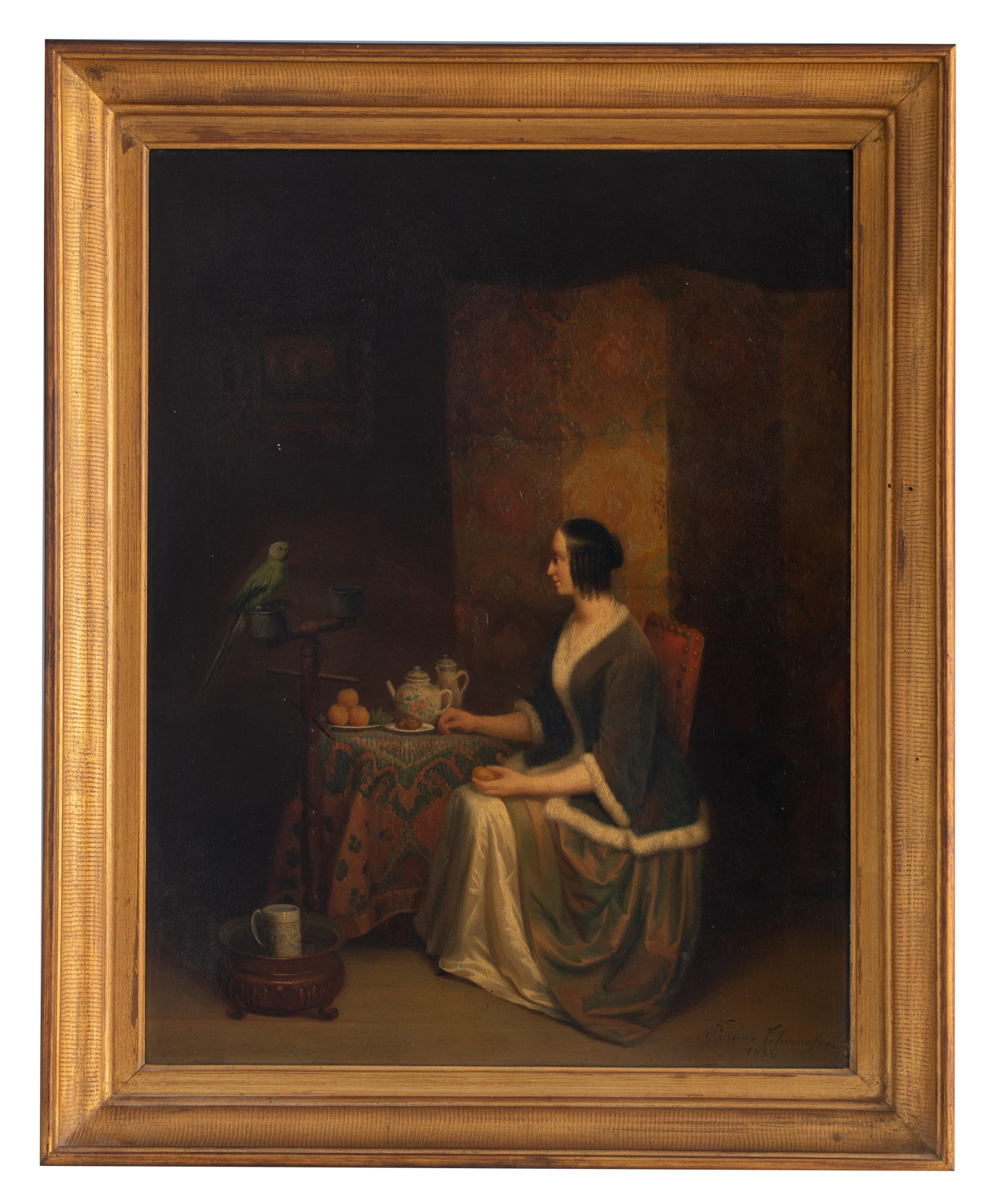 Pauline Thornofsen | lady with a parrot in an interior (1866) | MutualArt