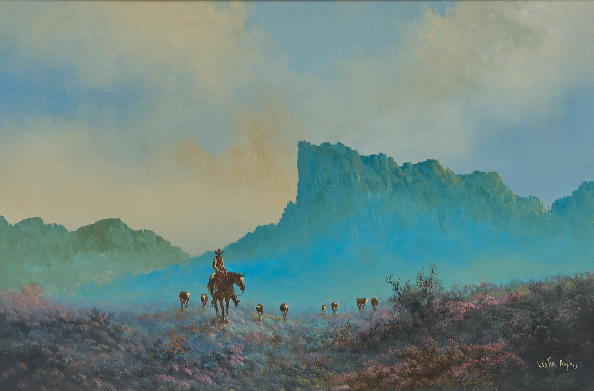 Lester Hughes | Lone Cowboy with Cattle & Wildflowers | MutualArt