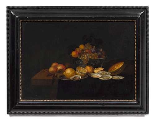 Abraham Van Lamoen | Still life of fruits with oysters on a table ...