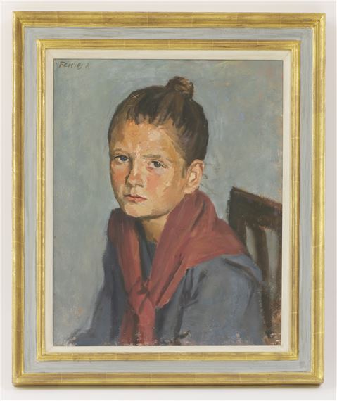 Adolf Fényes | Portrait of a girl in a blue dress and maroon shawl ...