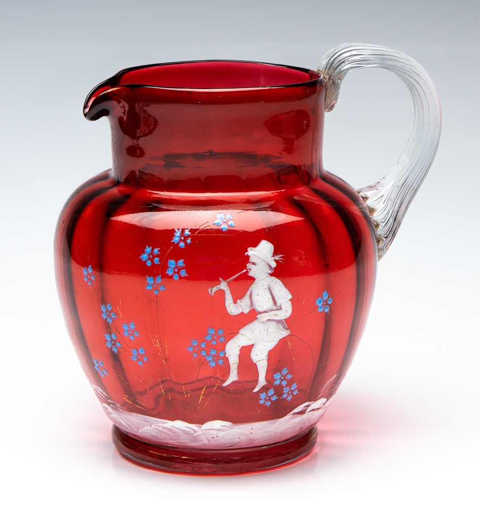 Mary Gregory | Cranberry Glass Jug Depicting Child Playing the Horn ...
