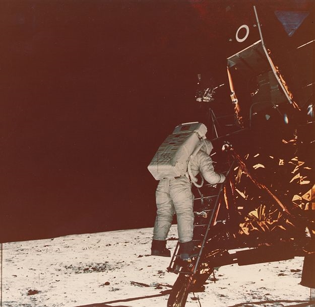 NASA | Rare view of astronaut Buzz Aldrin halfway up the ladder of the ...