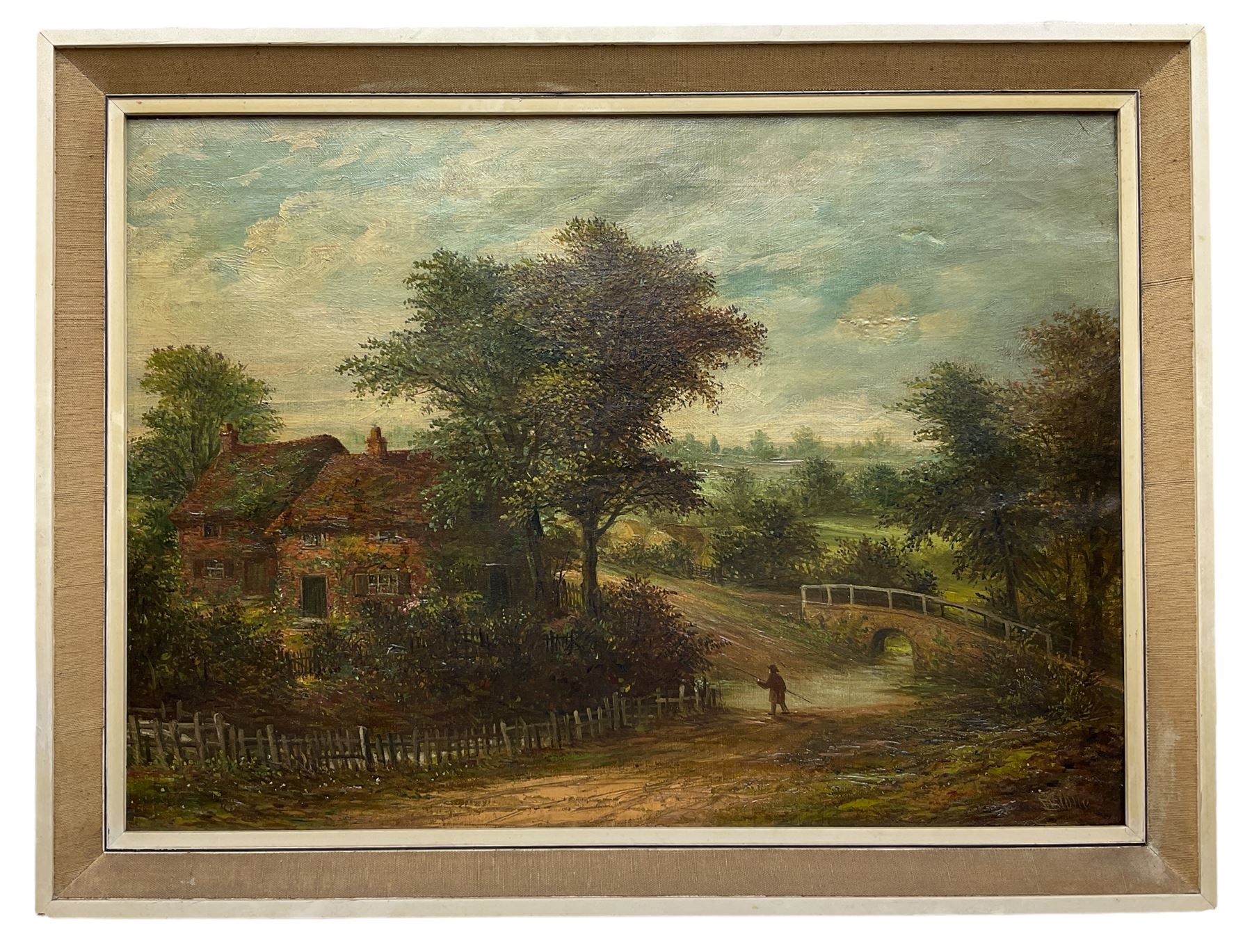 William Stone | Angler Fishing in River Near Cottages | MutualArt