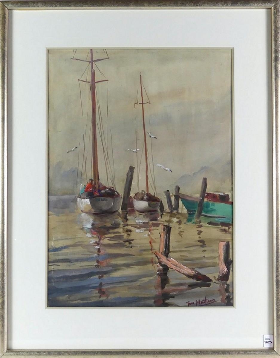 Tom Mathews | Untitled: Seagulls over Moored Boats | MutualArt
