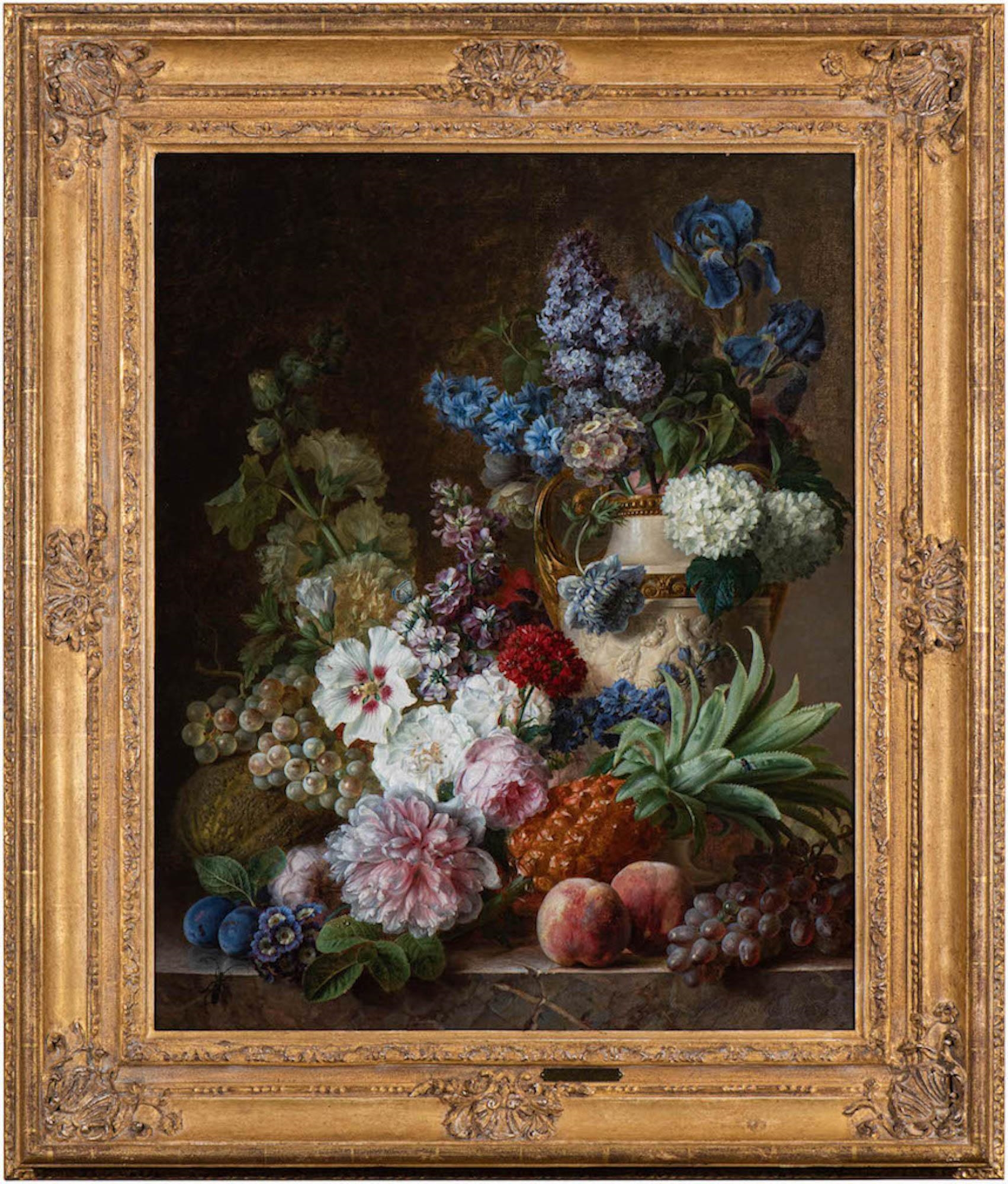 Gerard Van Spaendonck | Still life with flowers, fruit and a vase on a ...
