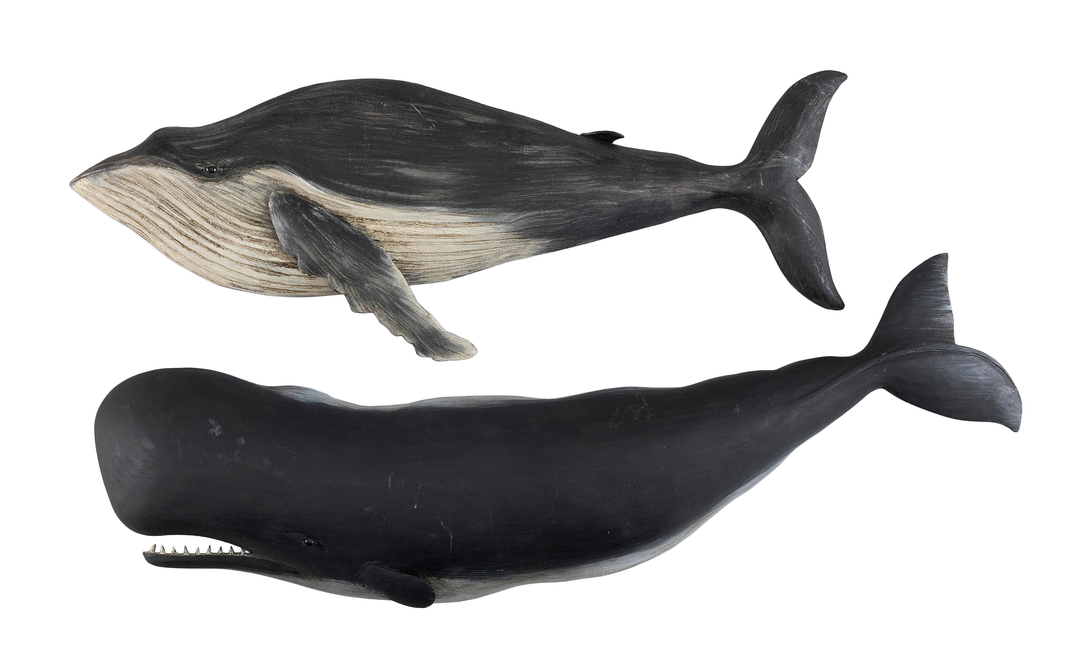 Roger Mitchell | TWO ROGER MITCHELL CARVED WOODEN WHALES | MutualArt