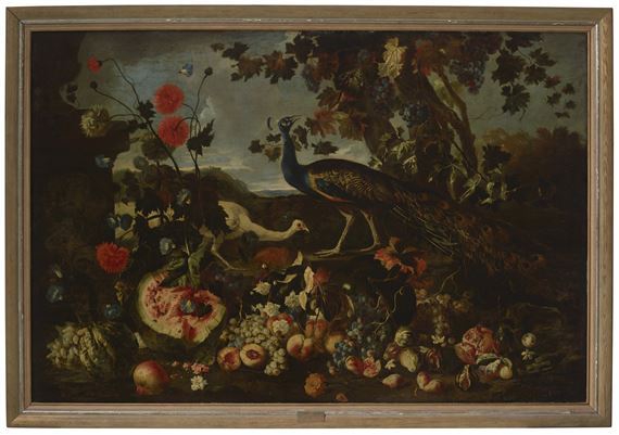 Franz Werner von Tamm | A peacock and a peahen with fruits and flowers ...