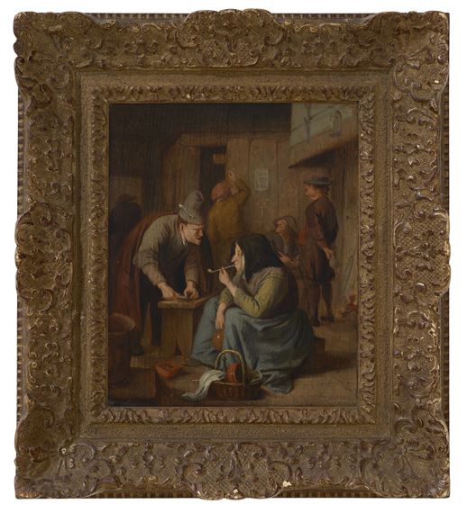 Jan Steen | A tavern interior with a woman smoking a pipe and a man cutting tobacco | MutualArt