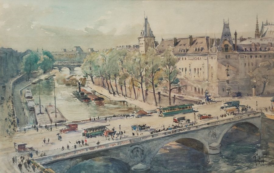 René Leverd | Animation on the Napoleon Bridge in Paris (1922) | MutualArt