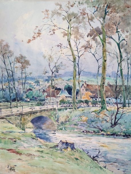 René Leverd | Hamlet and bridge on the river near Hesdin | MutualArt