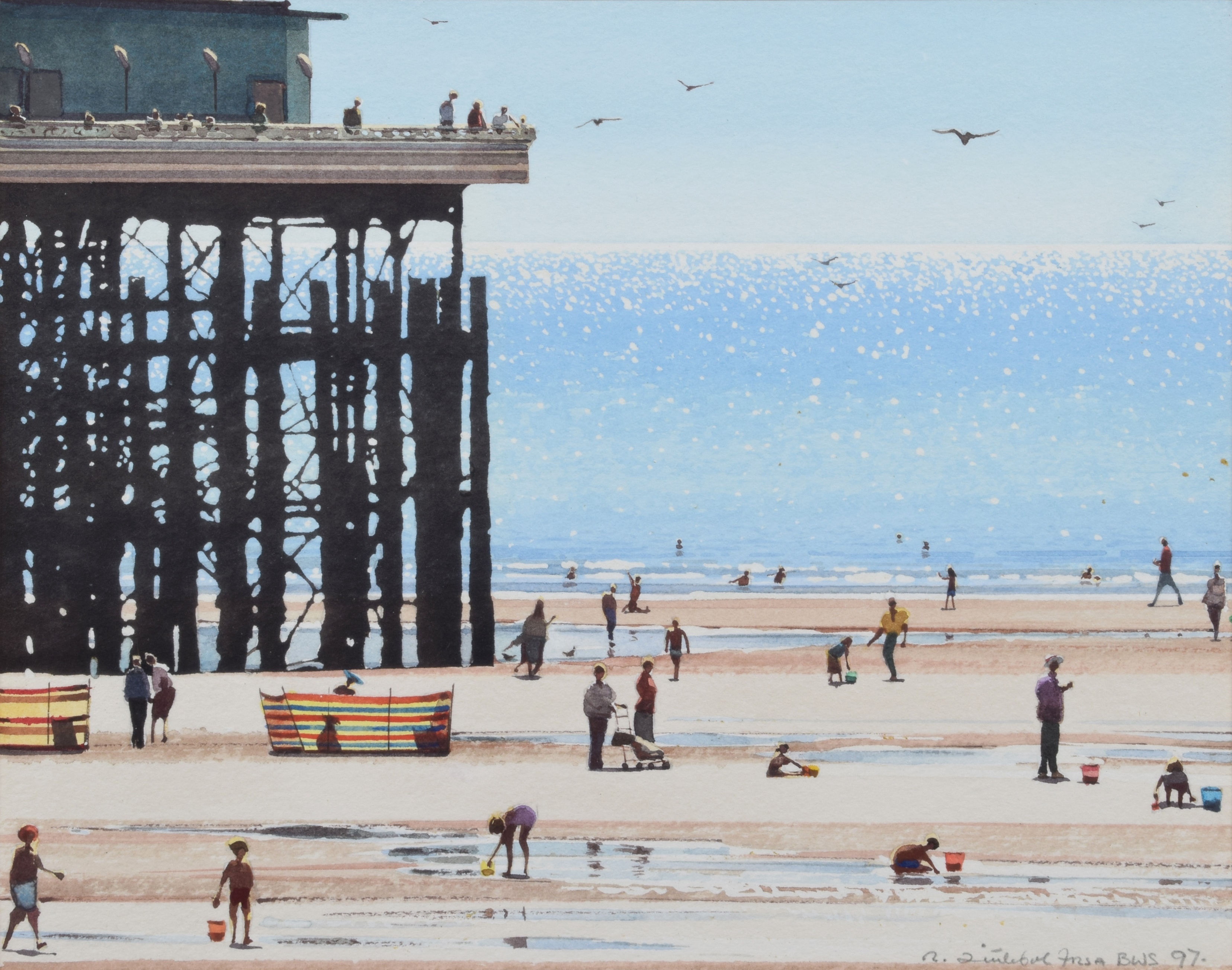 Robert Littleford | Beach scene with figures and a pier | MutualArt