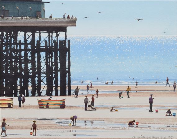 Robert Littleford | Beach scene with figures and a pier | MutualArt