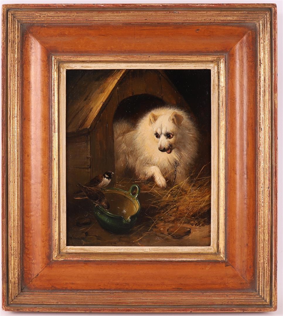 Henriette Ronner-Knip | Witte hond met twee vogels bij een steengoed ...