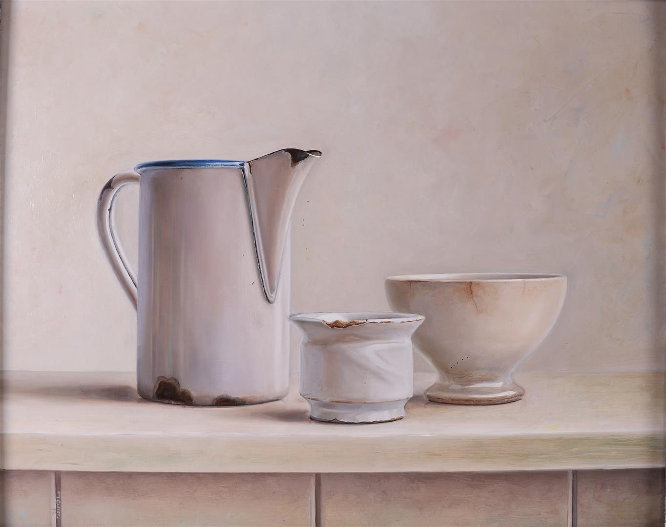 Piet Gutter | Stilleven van emaille kan en twee kommen (1992) | MutualArt