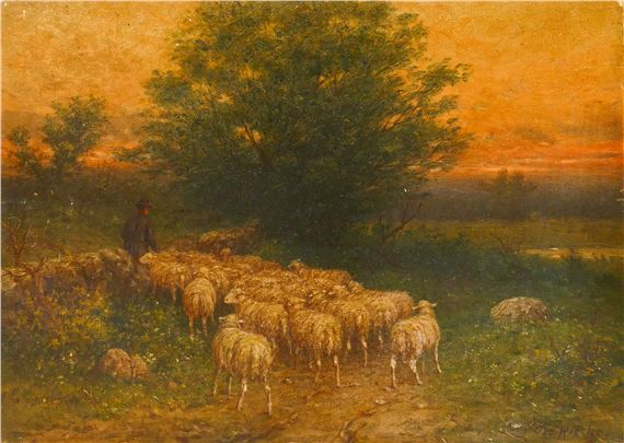 George Riecke | FLOCK OF SHEEP WITH SHEPARD | MutualArt
