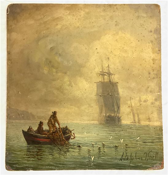 William Adolphus Knell | Pescatori e veliero sullo sfondo | MutualArt