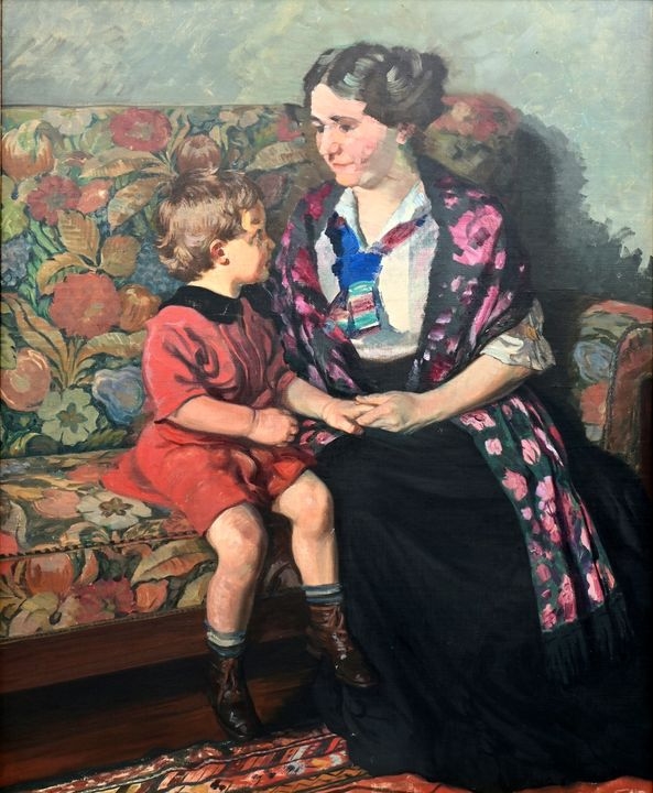 Emil Laage | Doppelbildnis Mutter und Kind auf Sofa | MutualArt