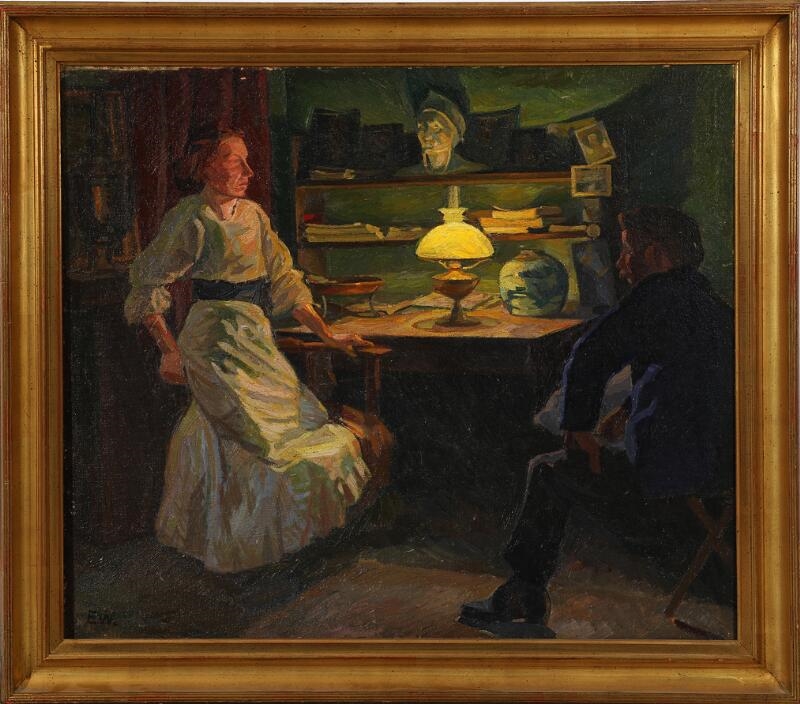 Viggo Thorvald Edvard Weie | Interior with lamplight and two figures ...