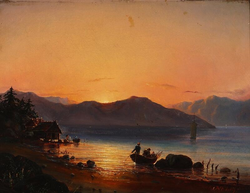 Fritz Sigfred Georg Melbye | Sunset over a mountain lake (1849) | MutualArt
