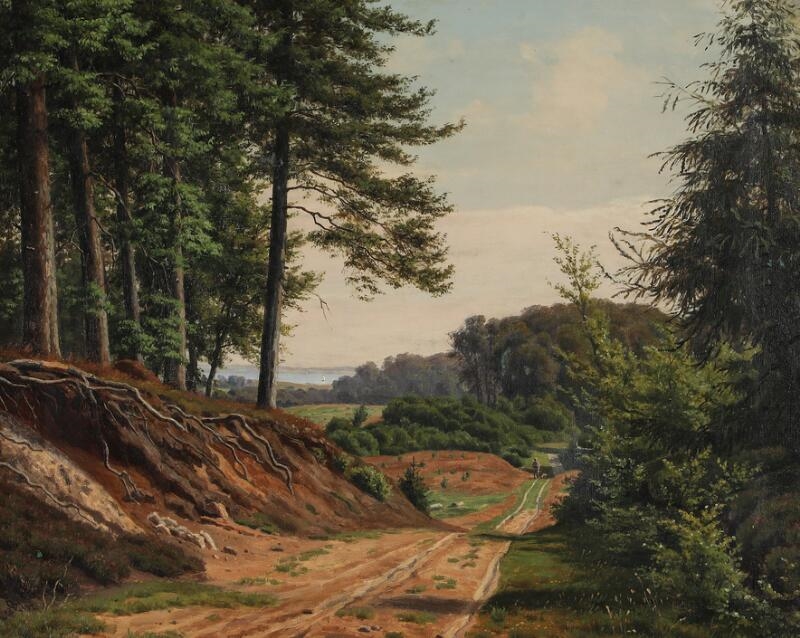 Carsten Henrichsen | A forest scenery with a huntsman and his dog (1897 ...