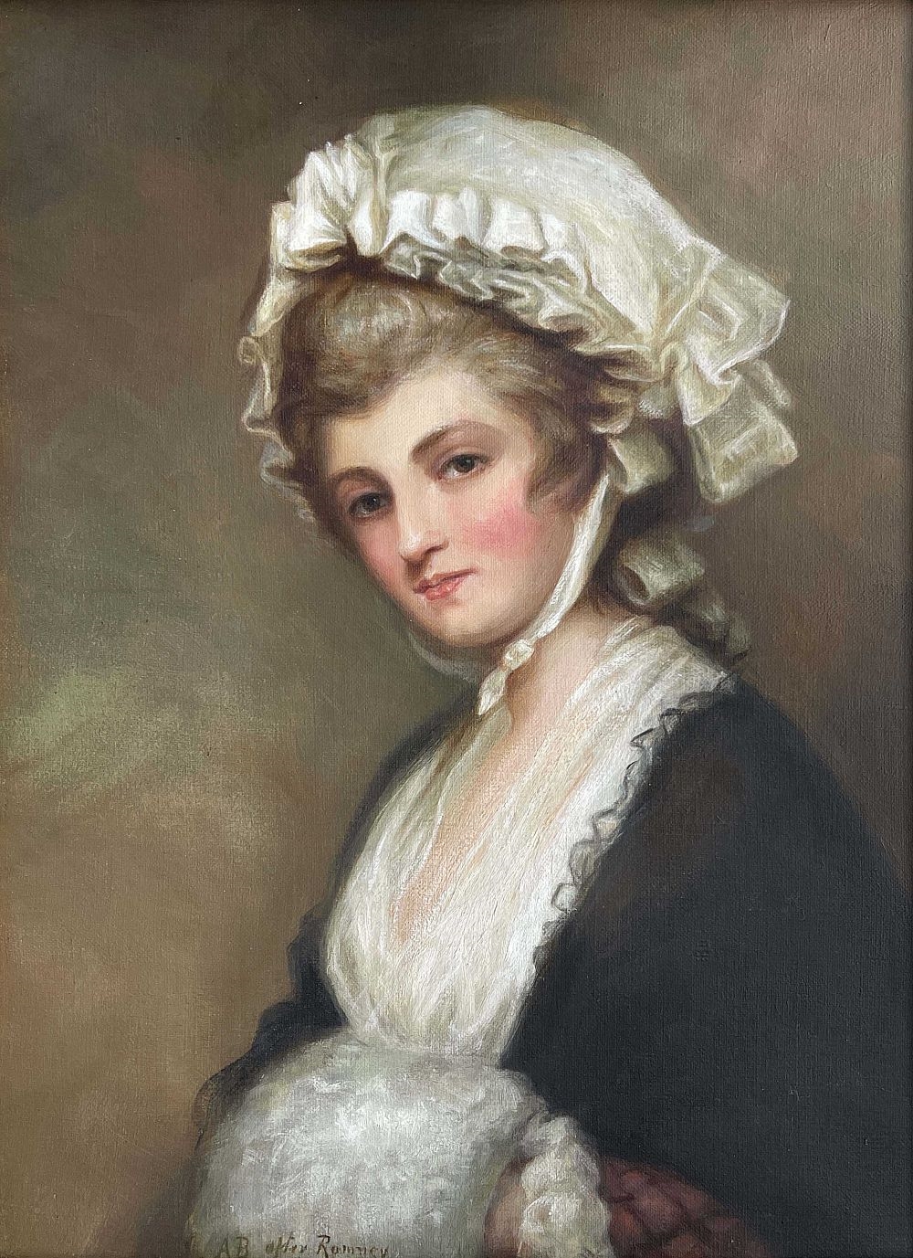 George Romney | Portrait of Mrs Mary Robinson, half length in a white bonnet | MutualArt