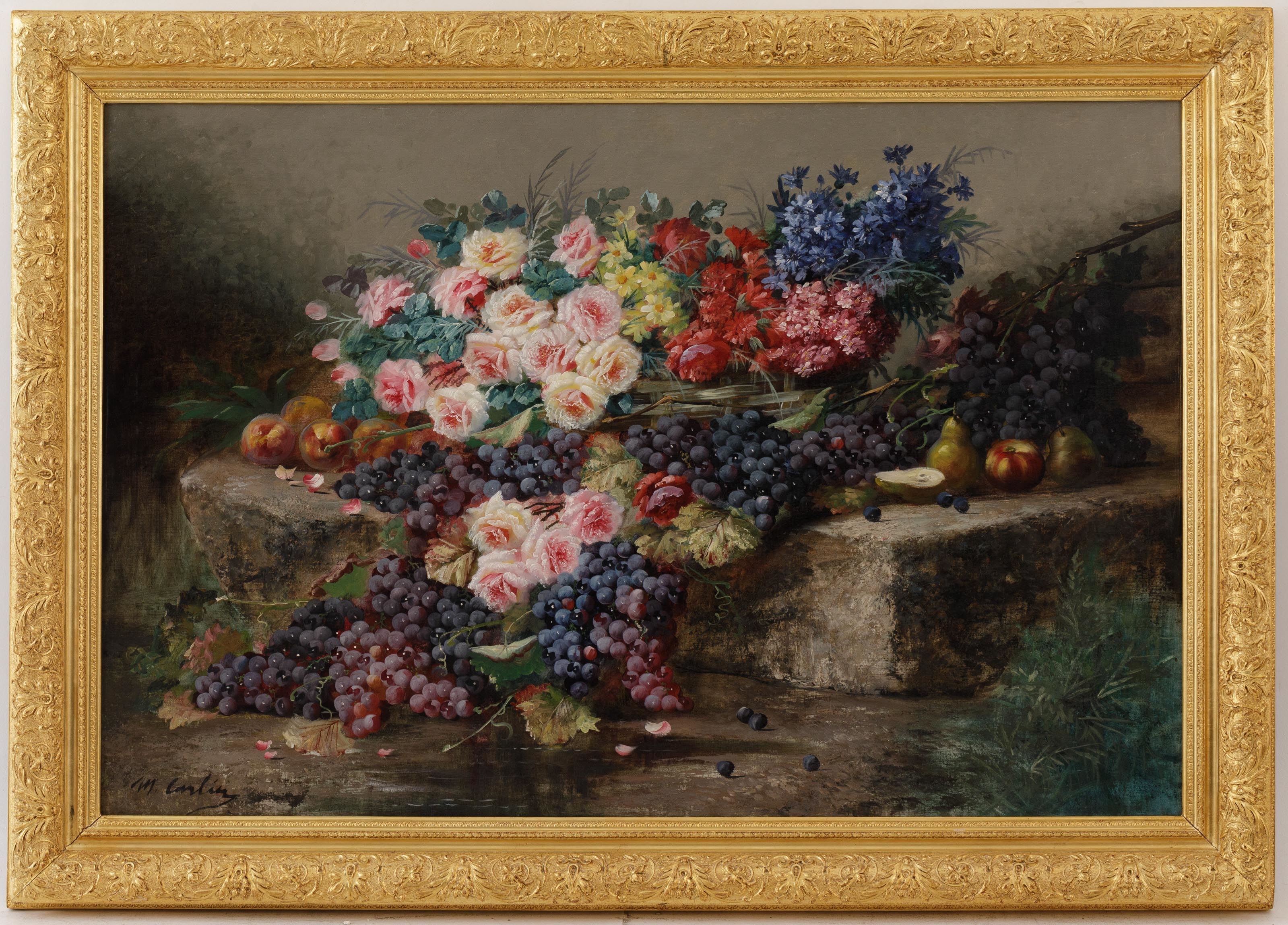 Max Carlier | Still life with flowers, bunches of grapes, peaches ...