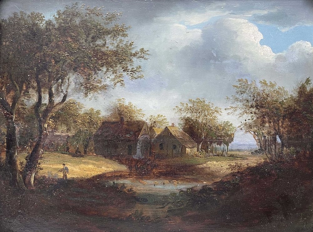 Charles Morris | A landscape with farm buildings by a pond and figure ...