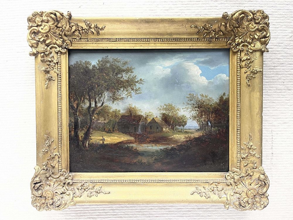 Charles Morris | A landscape with farm buildings by a pond and figure ...