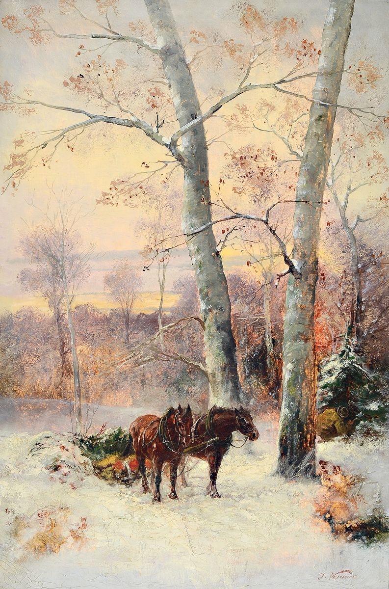 J. Vernier | winter landscape with horse and cart | MutualArt