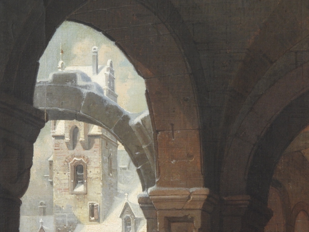 Gustav Adolf Hahn | A darkened hallway beside a snow covered graveyard ...